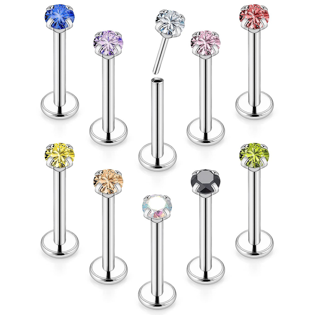 Vsnnsns 18G Threadless Push in Lip Rings Stainless Surgical Steel Labret Monroe Lip Rings Nail Cartilage Tragus Helix Earrings Studs Nose Ring Medusa Piercing Jewelry For Women Men 3mm Mix Color CZ