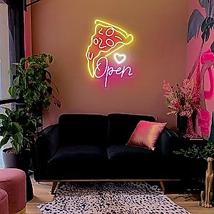 Open Pizza Neon Sign, Food Large LED Neon Lights for Food Track Shop Home Bar Restaurant Wall Decoration, Business Sign, 14.4x20 IN