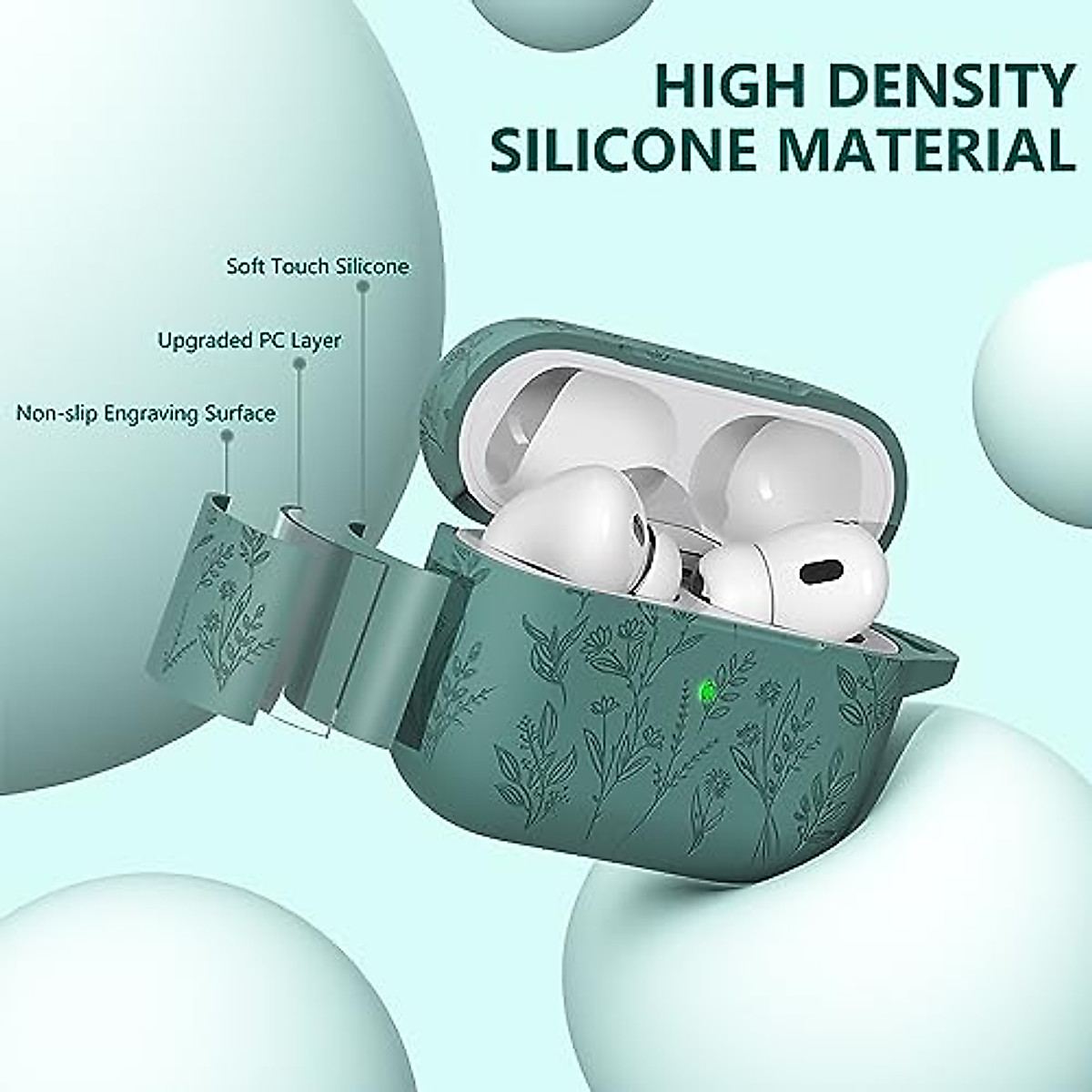 Flower Engraved Case for Apple AirPods Pro 2 Gen,Soft Silicone Protective Case Cover for AirPods Pro 2nd/1st Generation AirPod Case with Clean Kit Carabiner,Lanyard,Front LED Visible,Pine Green