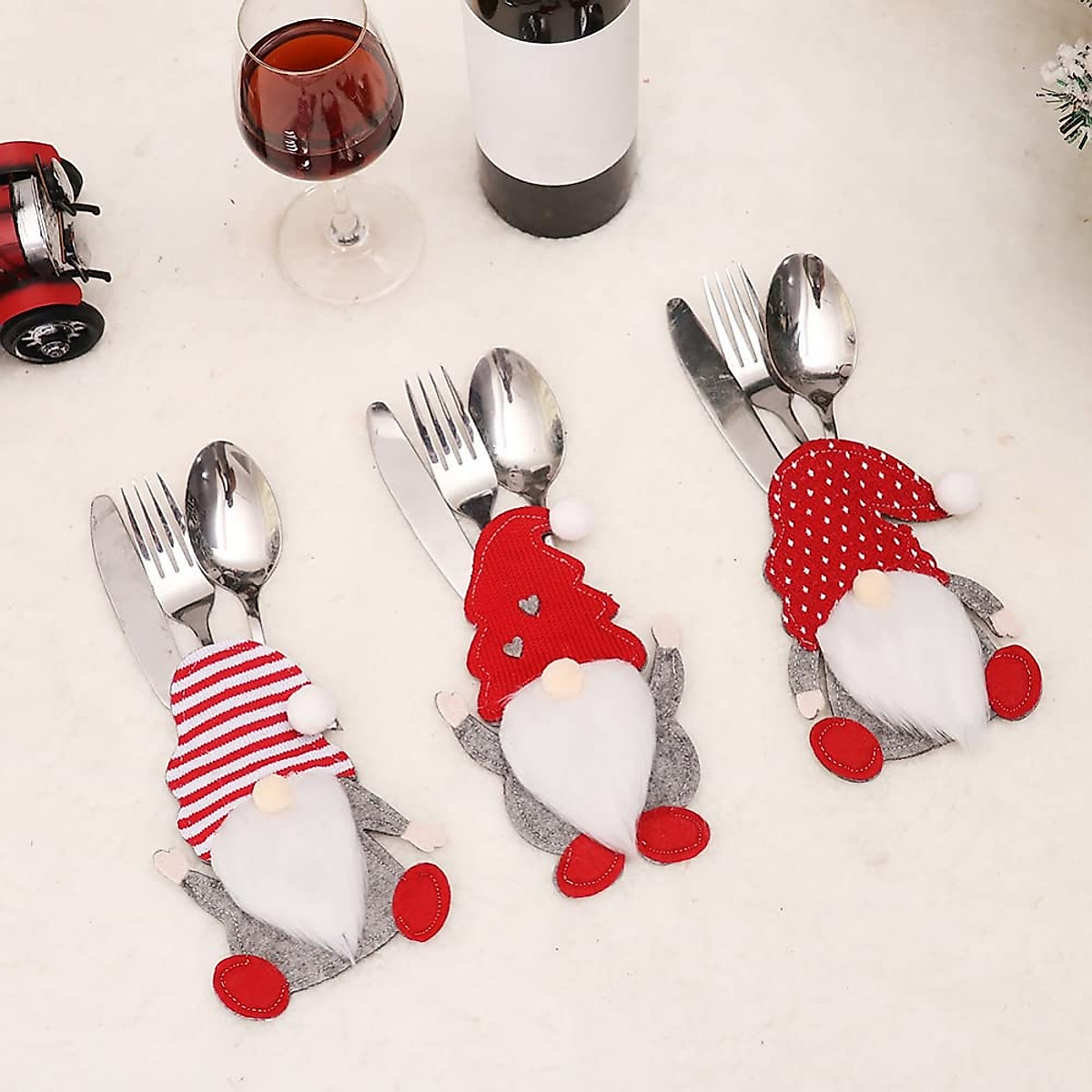 Marcol 6 Pcs Christmas Silverware Holder Pockets, Swedish Santa Gnome Tableware Spoons Forks Storage Bag, Cutlery Holders Xmas Pcs Christmas Gnome Silverware Holder Pockets