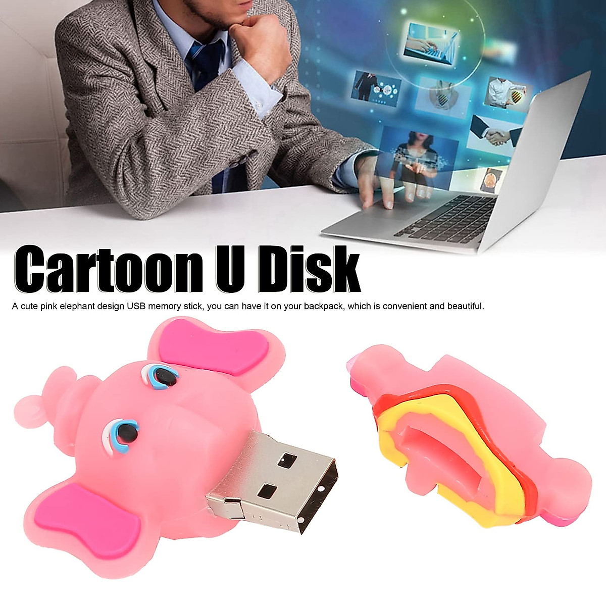 Kafuty-1 128GB Cute USB Flash Drive, Pink Elephant Cute Memory Stick Stitch Thumb Drive, Novelty Cartoon USB Jump Drive for Storage(128GB)