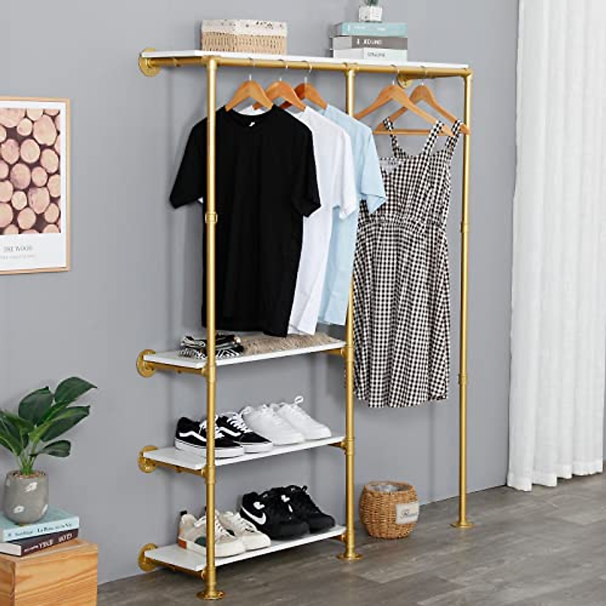 WJJAYY Wall Mounted Industrial Pipe Clothing Rack Wood Garment Rack Hanging Clothes Rack Multi-purpose Heavy Duty Hanging Rod,Steampunk Clothes Rack Retail (64 x49 inch,Gold)