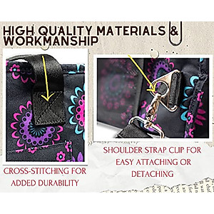 Pursetti Insulated Lunch Bag for Women-Reusable Large Lunch Tote Bag with Water Bottle Holder & Leak-Proof Lining for Work or Travel-Carry by Hand, On the Shoulder or Crossbody (Purple Circle)