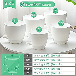 T4U Plastic Plant Pots for Indoor Plants - 7/6.5/6/5.5/5 Inch Self Watering Planter Flower Pot with Drainage Hole White, Nursery Planting Pot for Snake Plant, African Violet and House Plants, 5-Pack