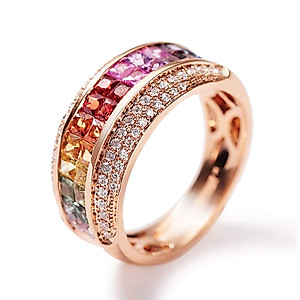 KnBoB Women Rainbow Square Shape 2.32ct Sapphire Ring 18K Gold Promise Wedding Engagement Bridal Anniversary Ring Size 4.5