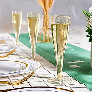 FOCUSLINE 100 Pack Plastic Champagne Flutes, 4.5 Oz Gold Glitter Plastic Champagne Glasses, Disposable Clear Toasting Glasses Recyclable Plastic Champagne Cups for Wedding Party