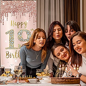 Happy 19th Birthday Door Banner Decorations for Girls, Pink Rose Gold 19 Birthday Door Cover Backdrop Sign Party Supplies, Nineteen Year Old Birthday Poster Background Decor