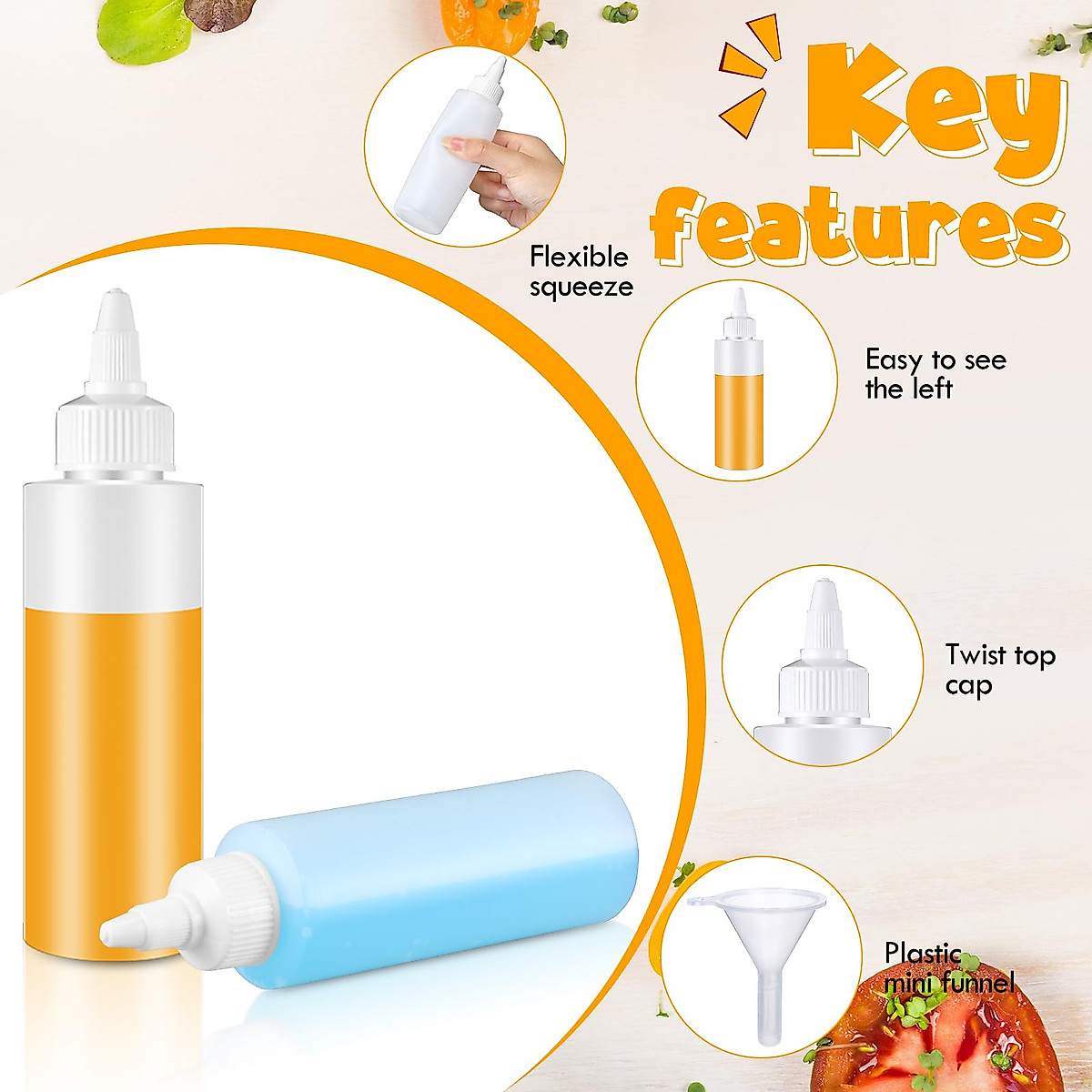 Honeydak 30 Pack Plastic Squeeze Bottles Boston Empty Dispensing Bottles Lab Dispensing Bottles with Twist Top Cap 2 Pcs Funnel for Liquids Inks Oil Sauce Condiments Arts and Crafts (White, 4 oz)