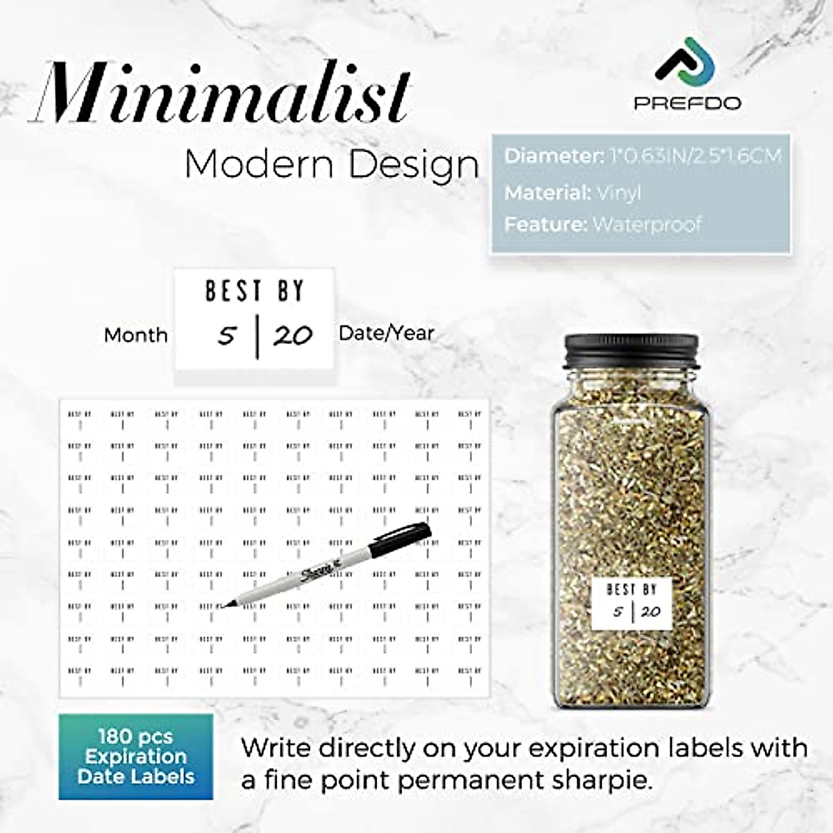 Prefdo 180 Expiration Date Labels, Waterproof Use by Food Date Labels Best by Pantry Labels Freezer Refrigerator Labels with Write-in Area for Spice Jars, Food Storage, Food Contianers(White)