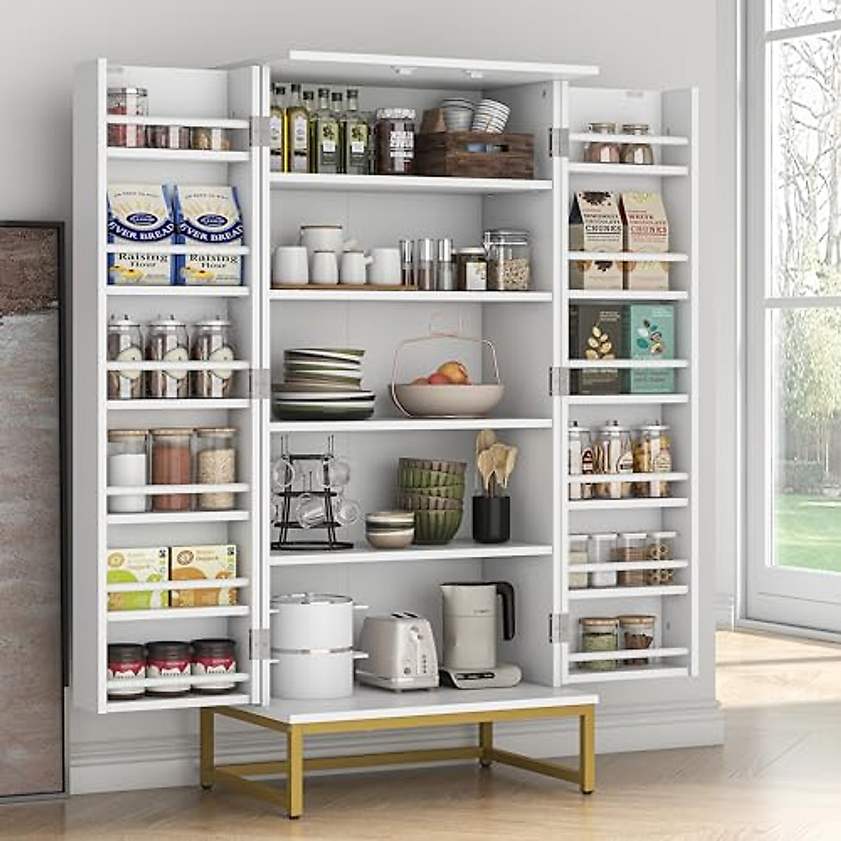 kepptory 51” Pantry Cabinets, White Freestanding Kitchen Pantry Storage Cabinet with Adjustable Shelves, Buffet Cupboards Storage Cabinet for Home Office Use, White + Gold