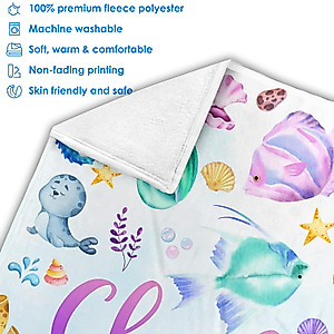 Zocoshi Sea Animals Baby Girl Name Blanket, Personalized Watercolor Turtle Octopus Under The Sea Nursery