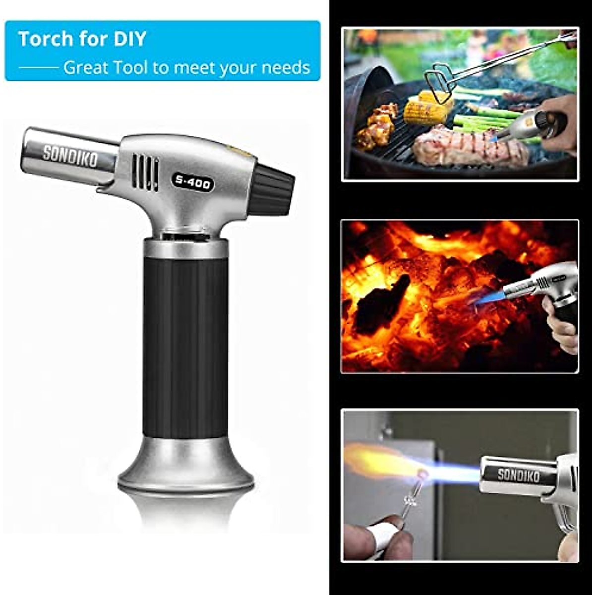 Sondiko Butane Torch S400, Refillable Kitchen Torch Lighter, Fit All Butane Tanks Blow Torch with Safety Lock and Adjustable Flame for Desserts, Creme Brulee, and Baking—Butane Gas Is Not Included