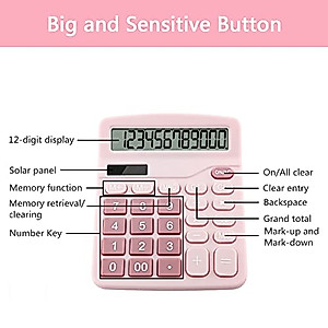 Podokas Office Calculators Desktop, 12-Digit Battery Dual Power Cute Calculator with Large LCD Display Big Button for Office Home and School (Pink)