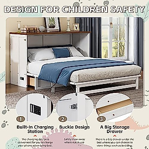 Melpoemene Murphy Bed Chest with Charging Station,Queen Size Murphy Cabinet Bed with 2 Drawers,White+Walnut