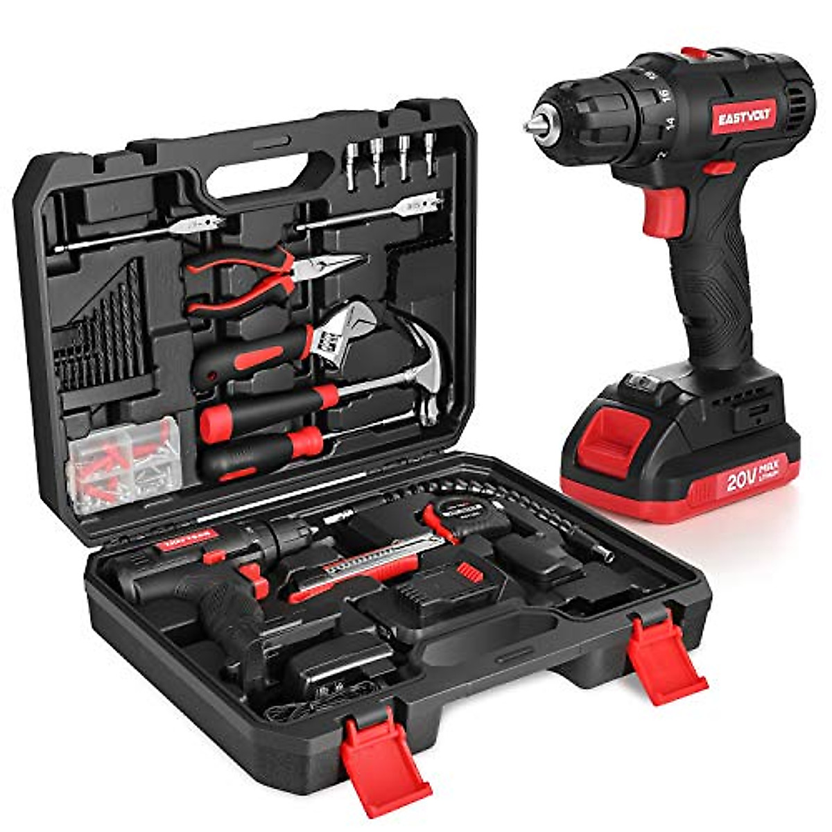 Eastvolt 20V Max Cordless Power Drill Driver Kit & Home Tool Kit, Max 310in.lbs. 18+1 PoisitionTorque Drill For Metal, Wood, Plastics, 168 Pieces tool with case For General Household (EVCD168S)