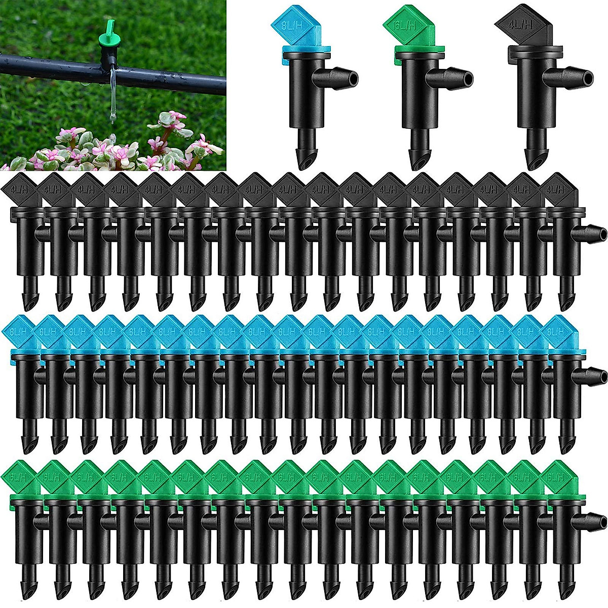 HOINCO 60 Pieces Drip Emitter, 3 Sizes Garden Flag Irrigation Dripper Emitter, Trees and Shrubs, Per Hour1 GPH, 2 GPH, 4 GPH