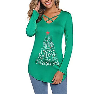 iClosam Women Christmas Letter Print Long Sleeve Tunic Shirts Criss Cross V-Neck Curved Hem Blouses Xmas Tops Sweatshirt Green L