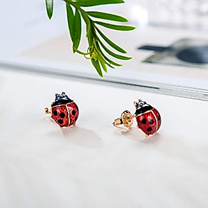Stud Earrings, Red Ladybug Black Spots 18K Gold Plated 925 Sterling Silver Post Stud Earrings for Women and Girl