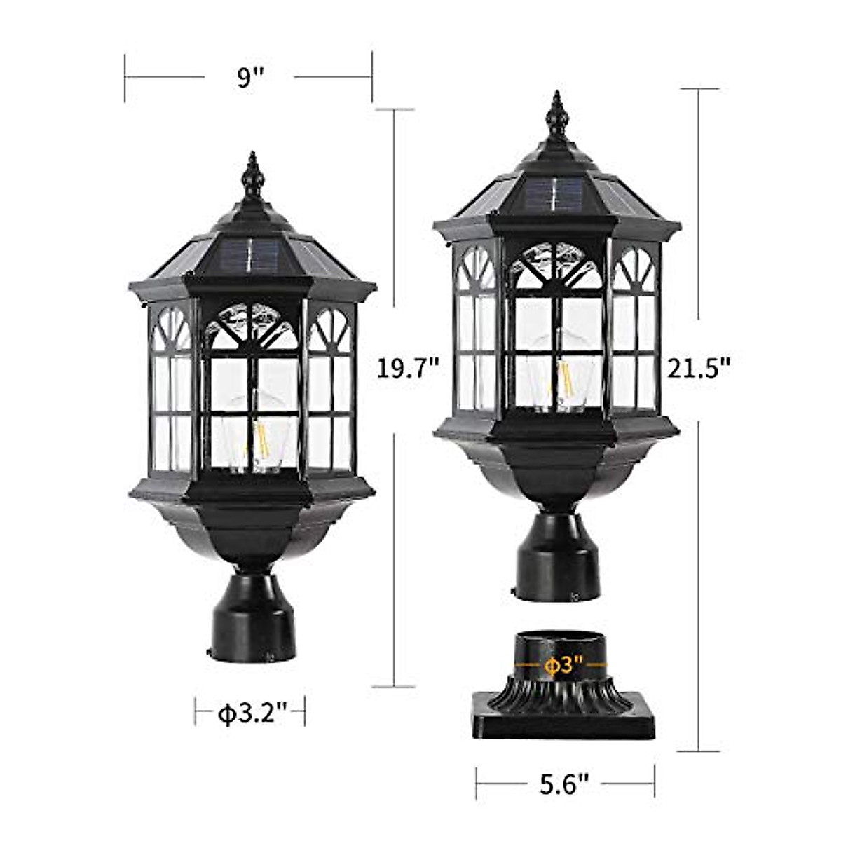 GYDZ Solar Post Light Fixture Outdoor Solar Pier Light, Solar Lamp Post Light for Garden, Patio, Vintage Design Die Cast Aluminum Post Light in Oil-Rubbed Black with Clear Glass, Hard Wired Available
