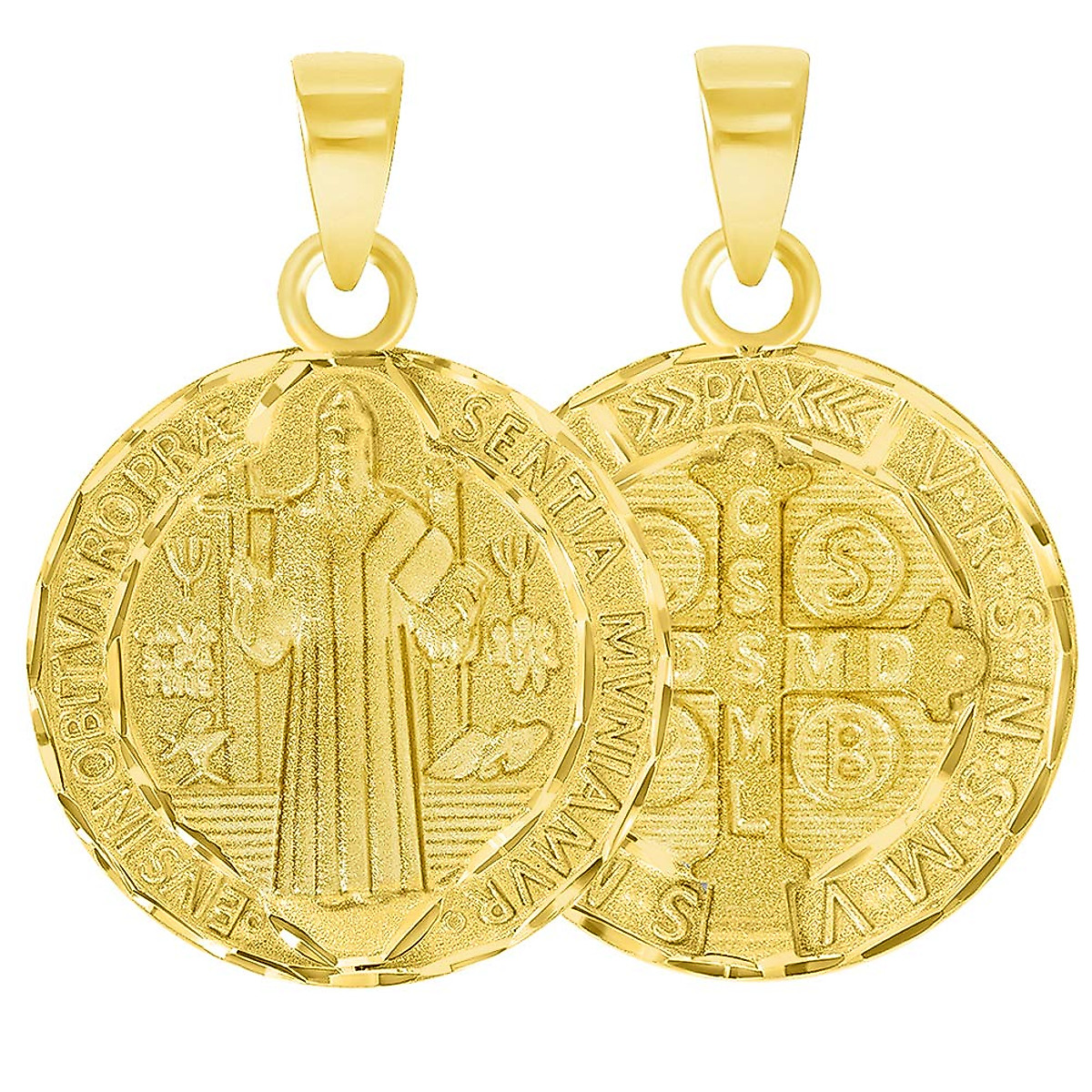 Jewelry America Solid 14k Yellow Gold Round Shaped St. Benedict Medallion Charm Pendant with Cable Chain Necklace, 20"