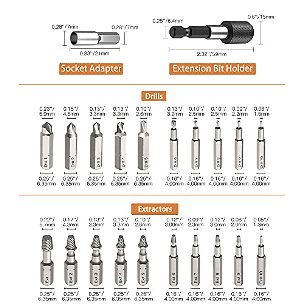 Raynesys Damaged Screw Extractor Set, 22 PCS Easy Out Stripped Screw Extractor Kit, Alloy Steel Screw Remover for Home DIY Garden Wood Extractor,with Magnetic Extension Bit Holder and Socket Adapter