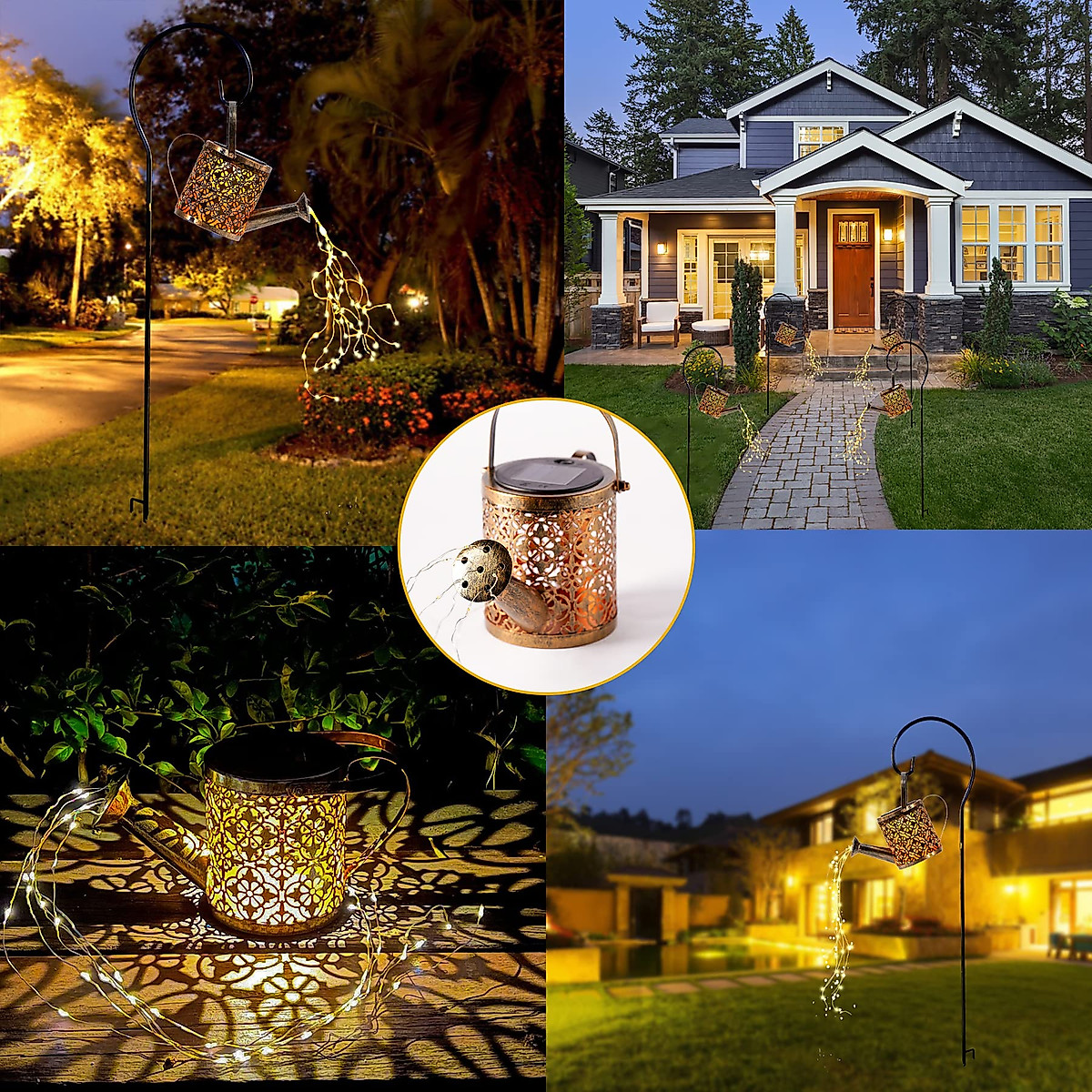 HCVINRK Solar Lights Outdoor Garden, Solar Watering Can Lights Outdoor Decorative, Metal Solar Lantern Outdoor Waterproof with Installed Light String and Shepherd Hook