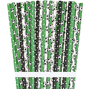 Soccer Ball Paper Straws - White Black Green - Soccer Party Supply - 100 Pack Outside the Box Papers