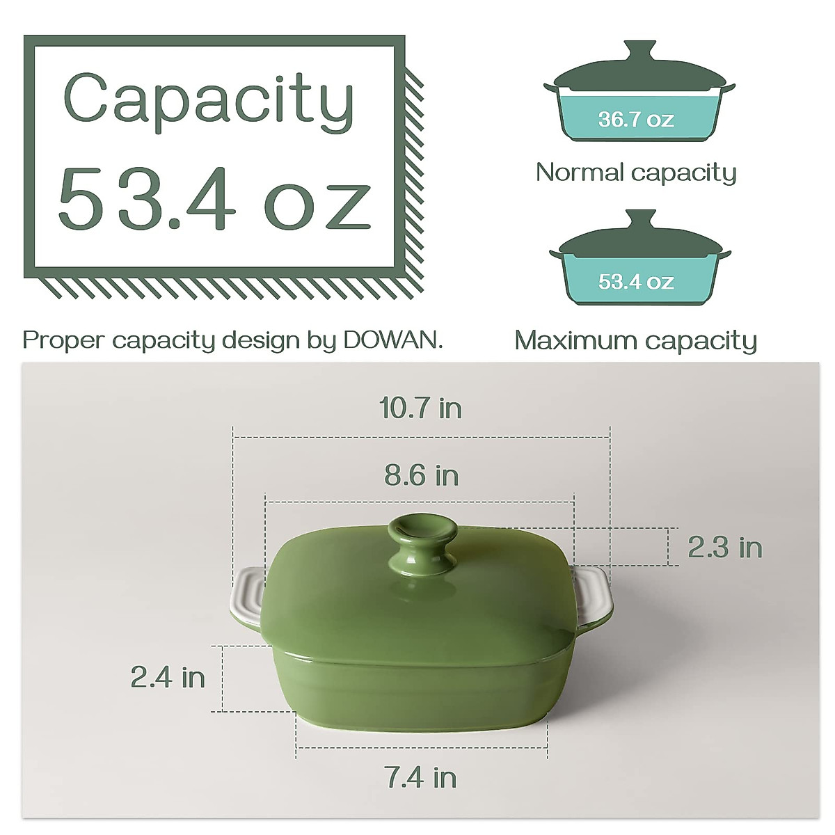 DOWAN Casseroles dish with lids, Ceramic Baking Dish With Lid, Casserole Dishes for oven, 1.6 Quarts Bakeware With Handle Oven Safe for Cooking, Dinner, Home Gift, 8 x 8 Inches, Green