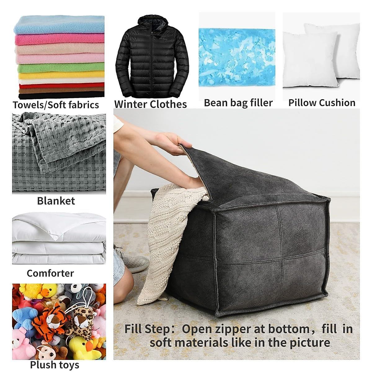 C COMFORTLAND Square Ottoman Pouf (No Filler), Faux Leather Poofs, Ottomans Foot Rest, Floor Foot Stools, Unstuffed Bean Bag Poufs Cover with Storage for Living Room, Bedroom Dark Grey