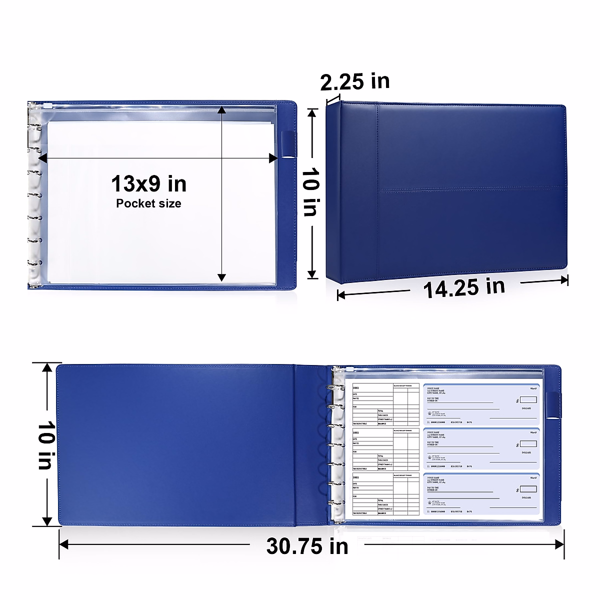 SUNEE 7 Ring Check Binder for Business Checks with Zipper Pouch, PU Leather Blue Checkbook Binder Portfolio, 600 Checks Capacity for 9 x 13 Inch Sheet, Office Folder Supplies