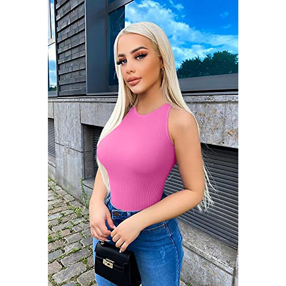 TOB Women's 3 Piece Bodysuits Sexy Ribbed Sleeveless Halter Neck Shapewear Bodysuits Black Rose White