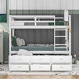 Harper & Bright Designs Twin Over Twin Bunk Bed with Ladder and Storage Drawers, Wood Bunk Bed with Safety Rail and Trundle for Kids Teens Adults, No Box Spring Required (White)