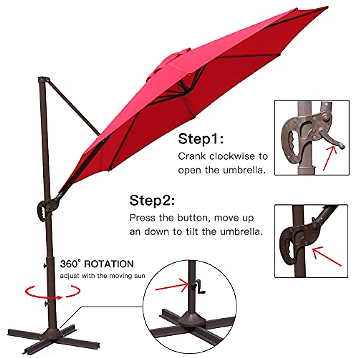PRASLINA 10 FT Outdoor Patio Umbrella, Cantilever Outdoor Hanging Umbrellas with 360 Degree Rotation, Backyard, Garden Umbrellas with Crank & Cross Base, 8 Ribs(Red)