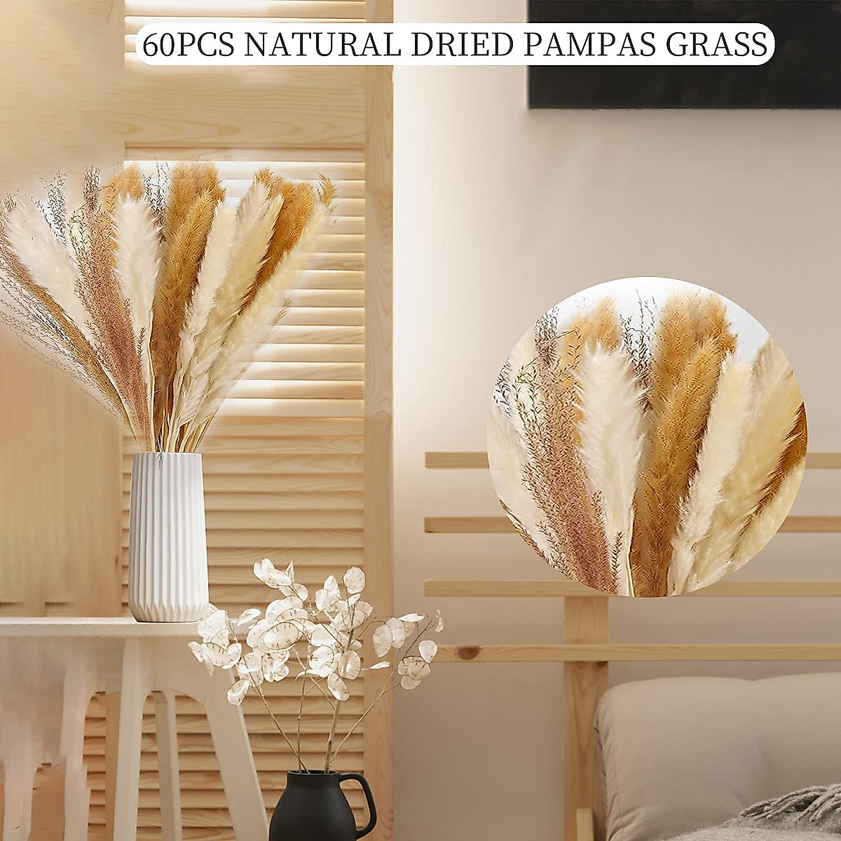 EVOLUX Pampas Grass Decor,60 Pcs Natural Dried Pampas Grass|15 Pcs White & 15 Pcs Beige & 30 Pcs Reed Grass,17" Pompas Grass for Flowers Arrangement Home Garden Wedding Decor