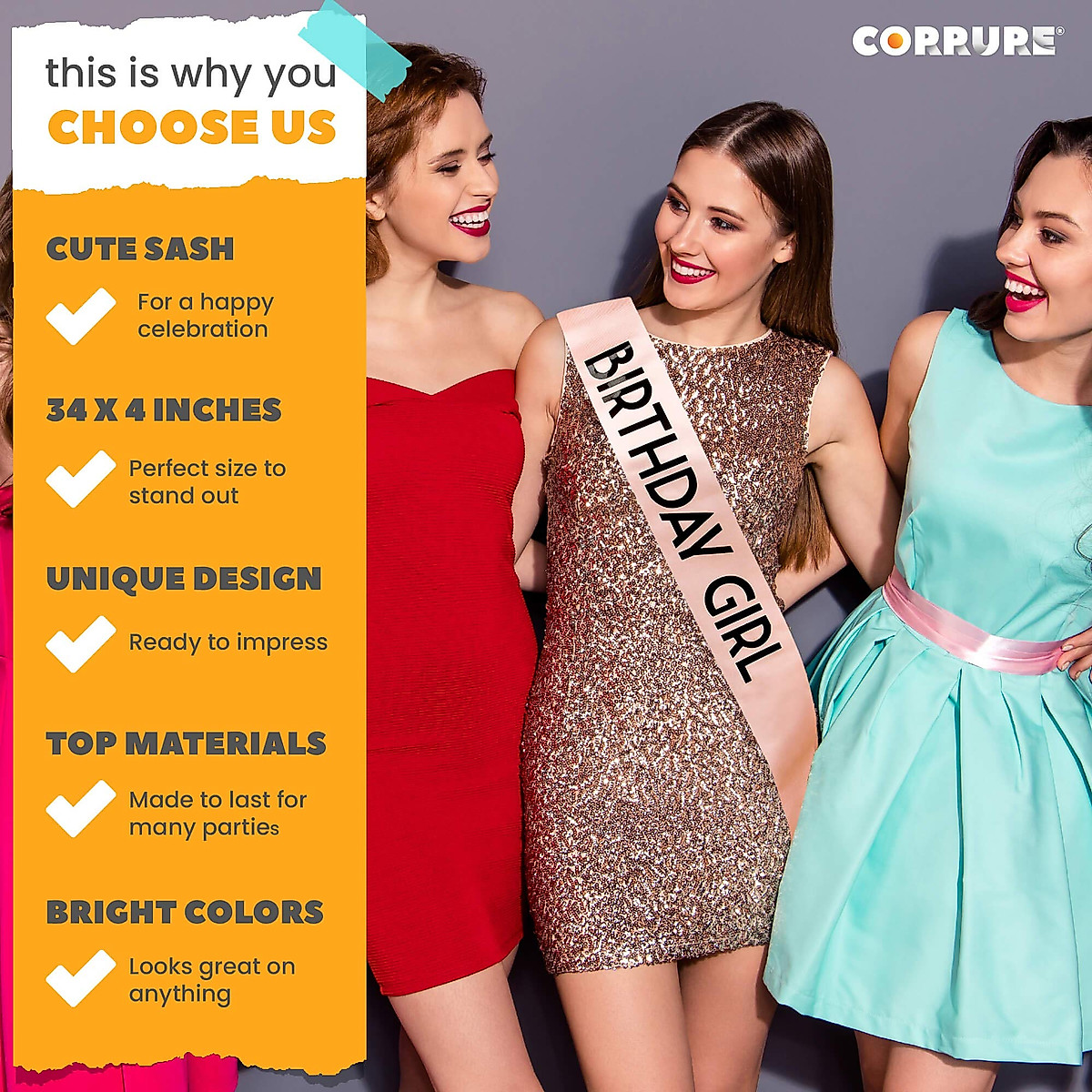 CORRURE 'Birthday Girl' Sash with Black Foil - Soft Satin Rose Gold Sash for Women - Birthday Sash for Happy 16th 18th 21st 25th 30th 40th 50th or Any Other Bday - Great Party Supplies and Decorations