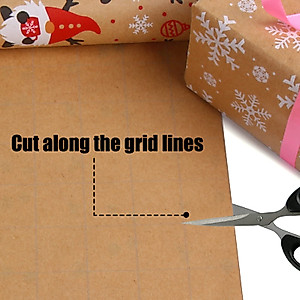 KIMOBER 5 Rolls Christmas Wrapping Paper,Brown Kraft Paper with Xmas Elements and Cut Lines on Reverse(17in × 118in Per Roll)