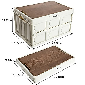 2 Packs Collapsible Storage Bins with Wood Lids, Large Foldable Plastic Storage Bins, Heavy Duty Folding Storage Box Organizer Container for Outdoor Camping Picnic Indoor Home Room Closet (50L)