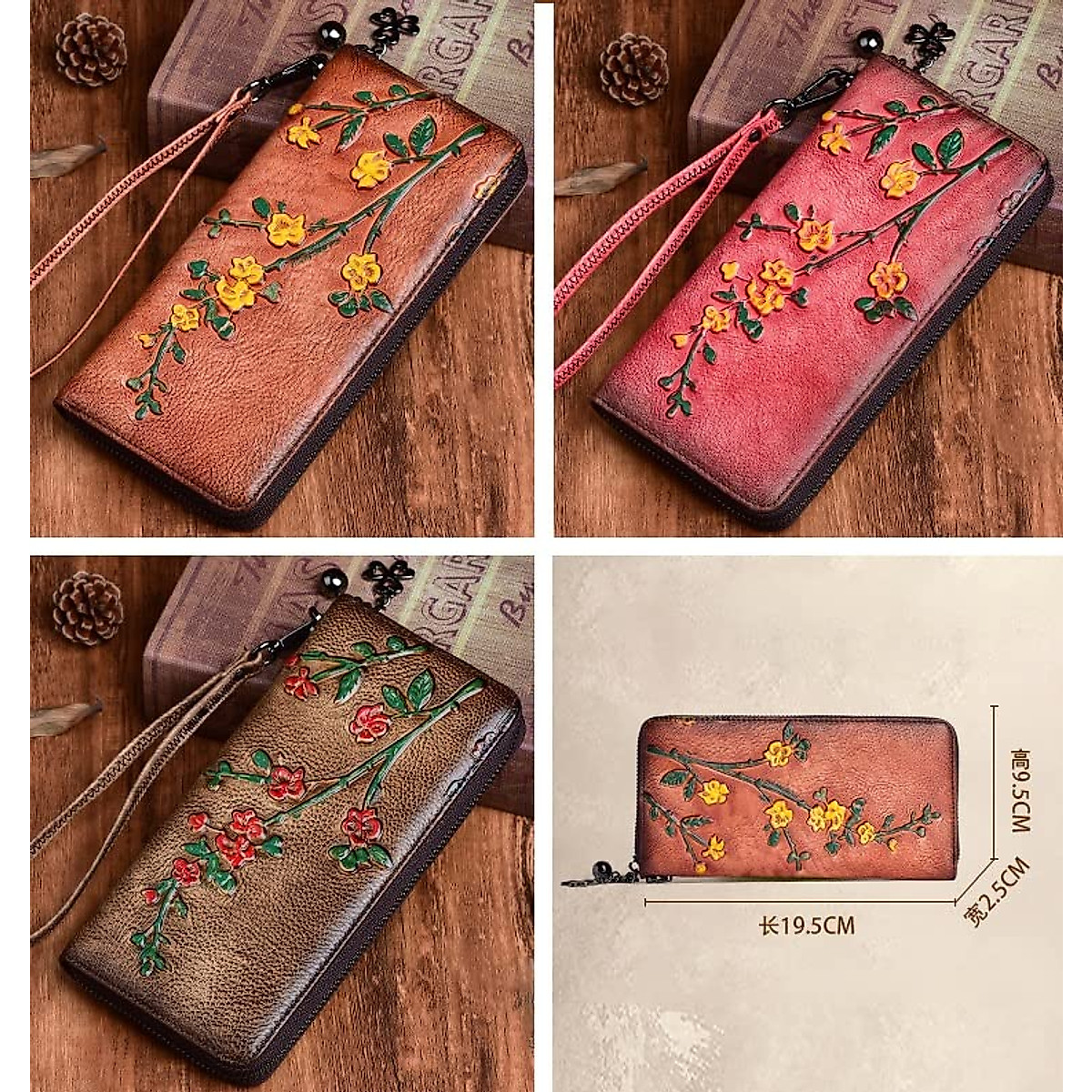 LMKIDS Retro Genuine Leather Wallets for Women Embossed Women's Purse Ladies Clutch Purse with Tassel (Style 11)