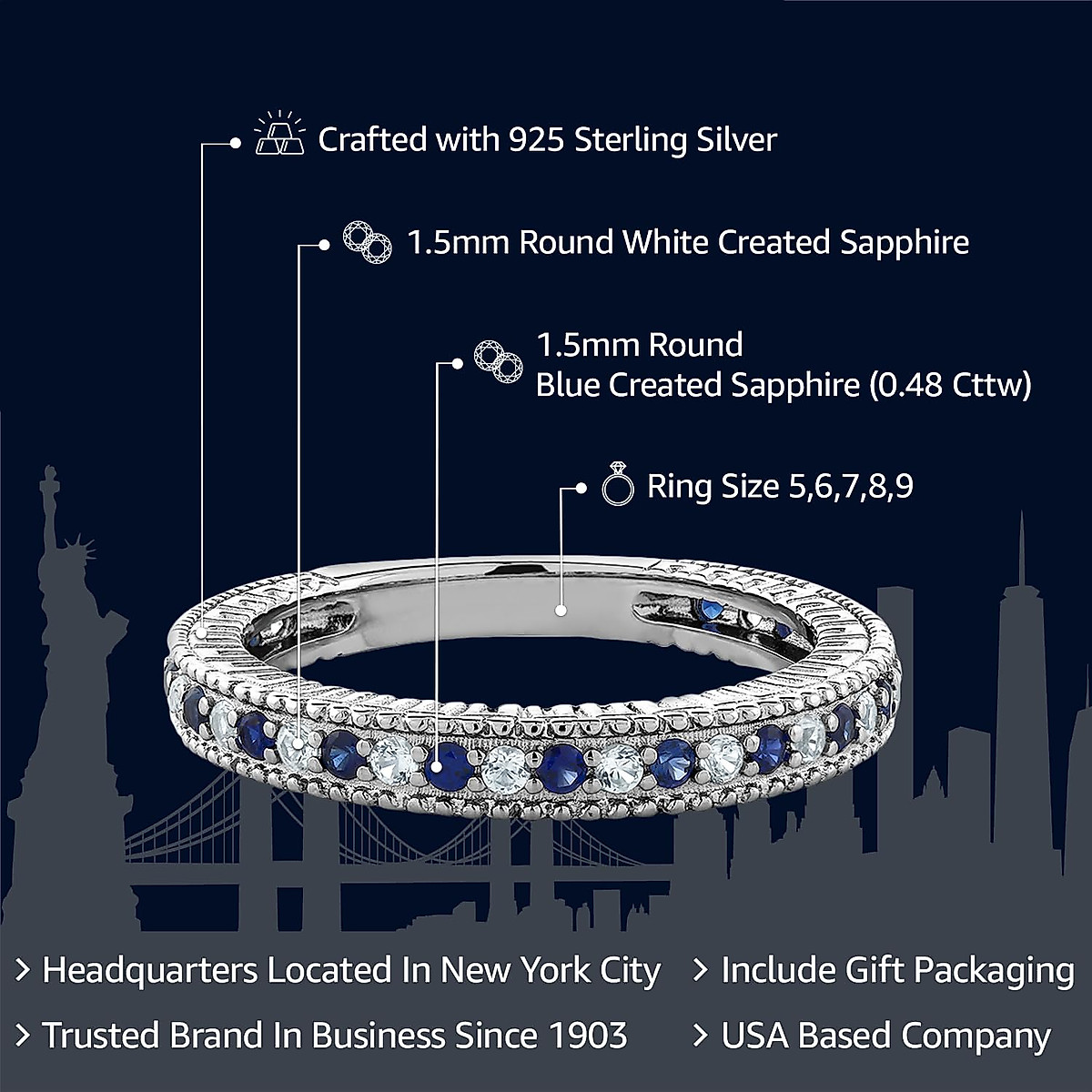 Gem Stone King 925 Sterling Silver Blue and White Created Sapphire Ring | Ladies Anniversary Wedding Band Ring For Women | 0.48 Cttw | Available In Size 5, 6, 7, 8, 9