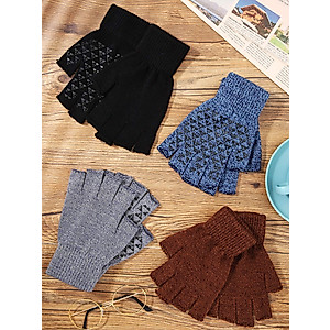 6 Pairs Winter Half Fingerless Knit Gloves Stretchy Anti-Slip Gloves Warm Texting Mittens for Men Women (Black, Navy Blue, Dark Grey, Light Grey, Coffee,Medium)