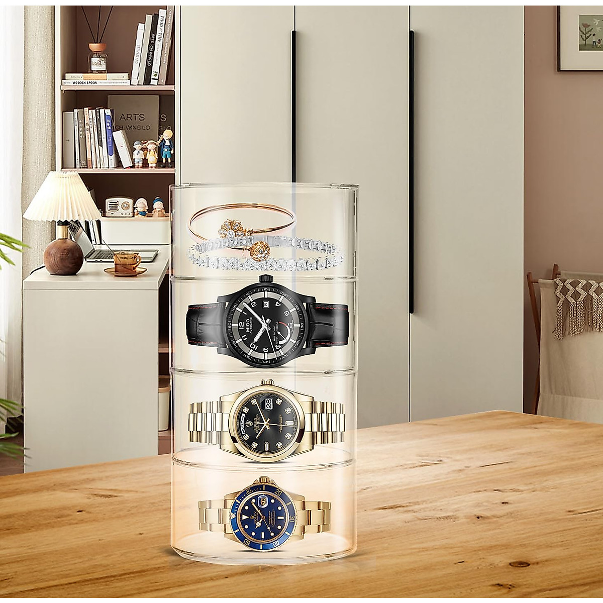 Acrylic Belt Organizer for Closet - 4 Compartments Transparent Storage Holder | Display Case for Makeup, Jewelry, Watches, Bow Tie, & Bracelets | Multipurpose Clear Containers & Versatile Design