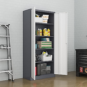 PEUKC Metal Garage Storage Cabinet, 71-inch Tall Cabinet with Adjustable Shelves & Locking Doors, Tool Cabinets for Garage,Office,Home,School,Gym (Grey White)