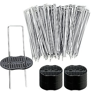 100 pcs 6 inch U-Shaped Landscape Staples and 100 pcs Fixing Gasket Sets, Garden Landscape Staples are Suitable for Outdoor Irrigation Hoses,Fixed Fences,Artificial Turf Nails and Tents.