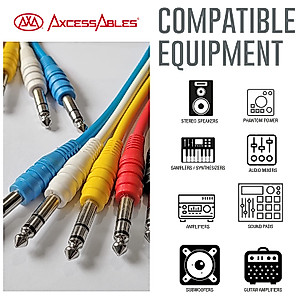 AxcessAbles 1/4 (6.35mm) TRS to 1/4 (6.35mm) TRS Multi-Color Balanced Stereo Patch Cables 6-Pack Outboard Gear & Patchbay Studio Cables External Effects Digital Analog Effects (1.5ft)
