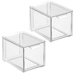 mDesign Plastic Pantry Organization and Storage Bin w/Pull Out Drawer - Slim Stackable Kitchen Supplies Storage Container for Organizing Cabinet, Fridge, Freezer - Lumiere Collection - 2 Pack - Clear