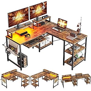 Bestier L Shaped Gaming Desk with Led Light 95.2 Inch Computer Corner Desk or 2 Person Long Table with Shelves Monitor Stand and Keyboard Tray for Home Office, Rustic Brown