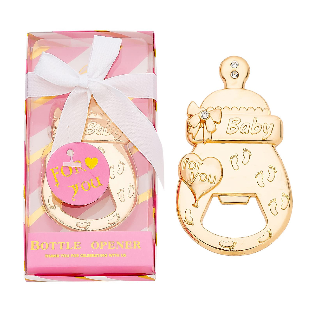 Uezea 24 Pieces Baby Bottle Openers Baby Shower Favors, Gifts, Decorations, or Souvenir Guest Gift Boxes, Poppin Design for Boys or Girls (pink)