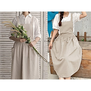 Cute Retro Cotton Linen X-Back Aprons Home Kitchen Garden Art Painting Pinafore Florist Shop Overalls (Beige, 39L)