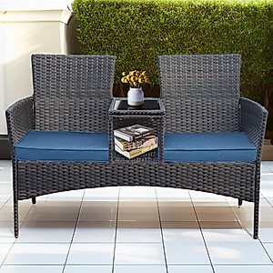 Outdoor Patio Rattan Loveseat with Cushions and Integrated Coffee Table - Weather Resistant 2 Seat Perfect for Garden, Lawn, and Backyard Leisure (Brown Rattan,Dark Blue Cushion)