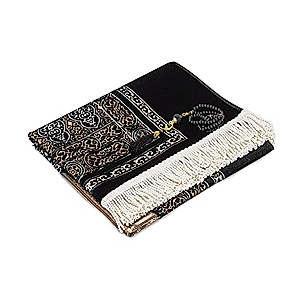 Muslim Prayer Rug with Prayer Beads | Janamaz | Sajadah | Soft Islamic Prayer Rug | Islamic Gifts | Prayer Carpet Mat, Kaaba Door, Chenille Fabric, Black